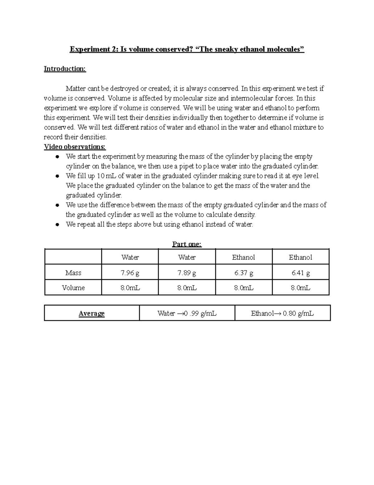 Chem 106 Lab 2 - chem 106 lab - Experiment 2: Is volume conserved? “The ...