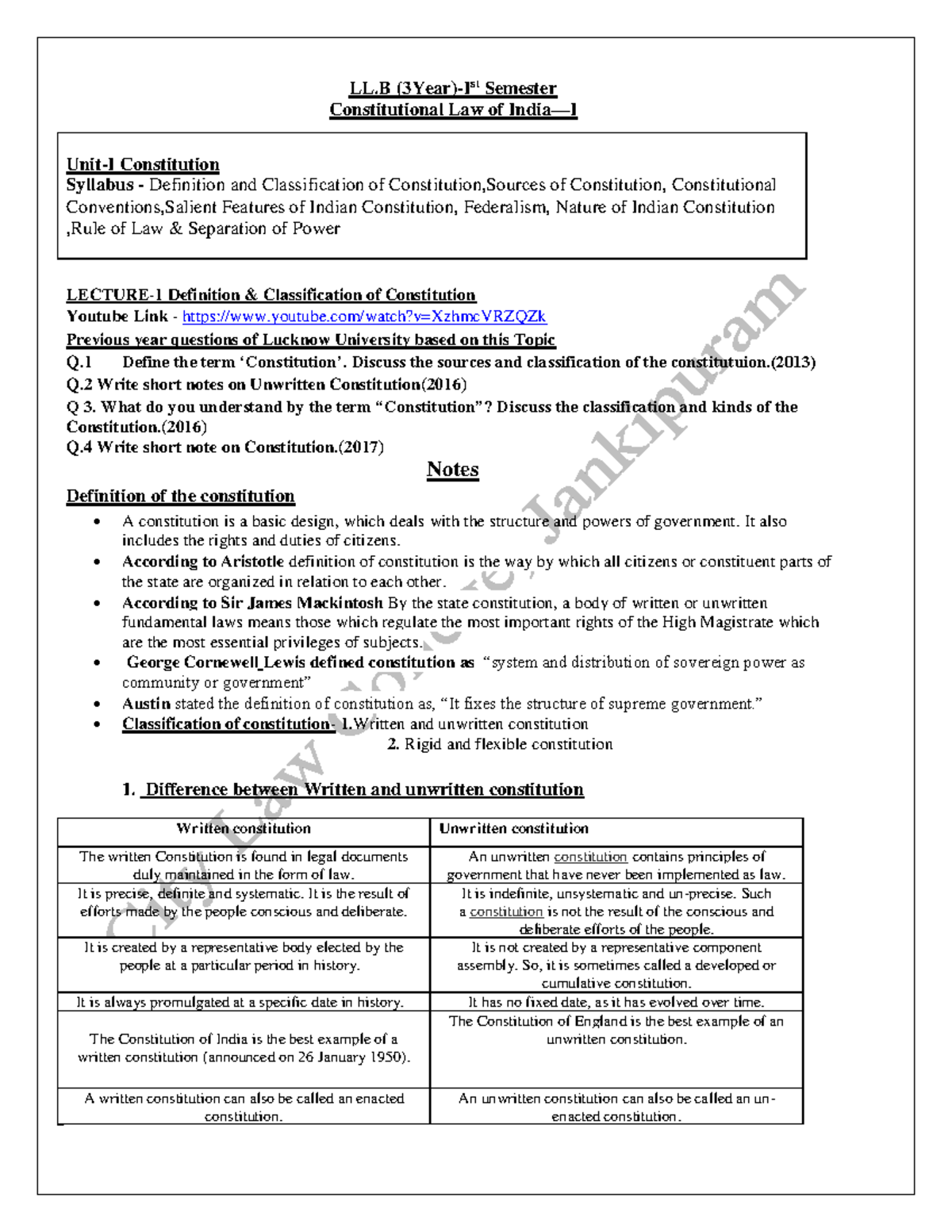 Lecture Constitution law of India - LL (3Year)-Ist Semester ...
