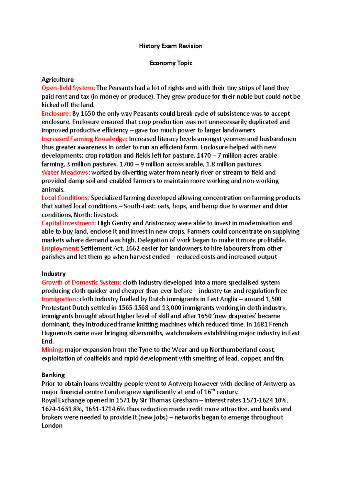 History Exam Revision - History Exam Revision Economy Topic Agriculture ...