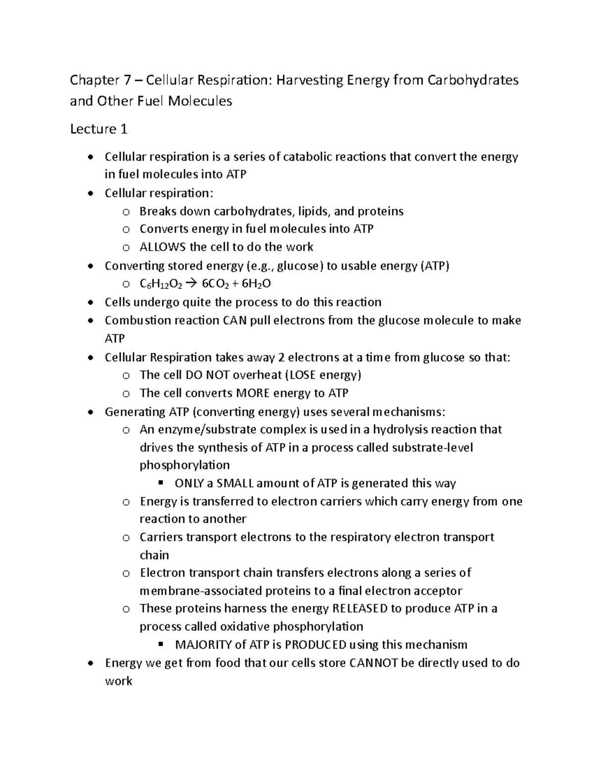 Chapter 7 Cellular Respiration - Harvesting Energy from Carbohydrates ...