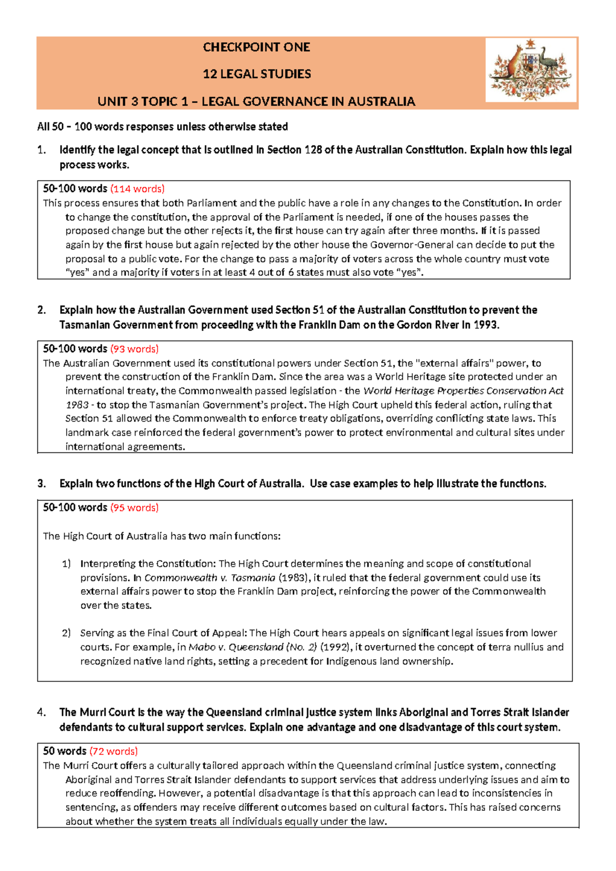 Checkpoint ONE - Unit 3 - review questions - CHECKPOINT ONE 12 LEGAL STUDIES UNIT 3 TOPIC 1 ...