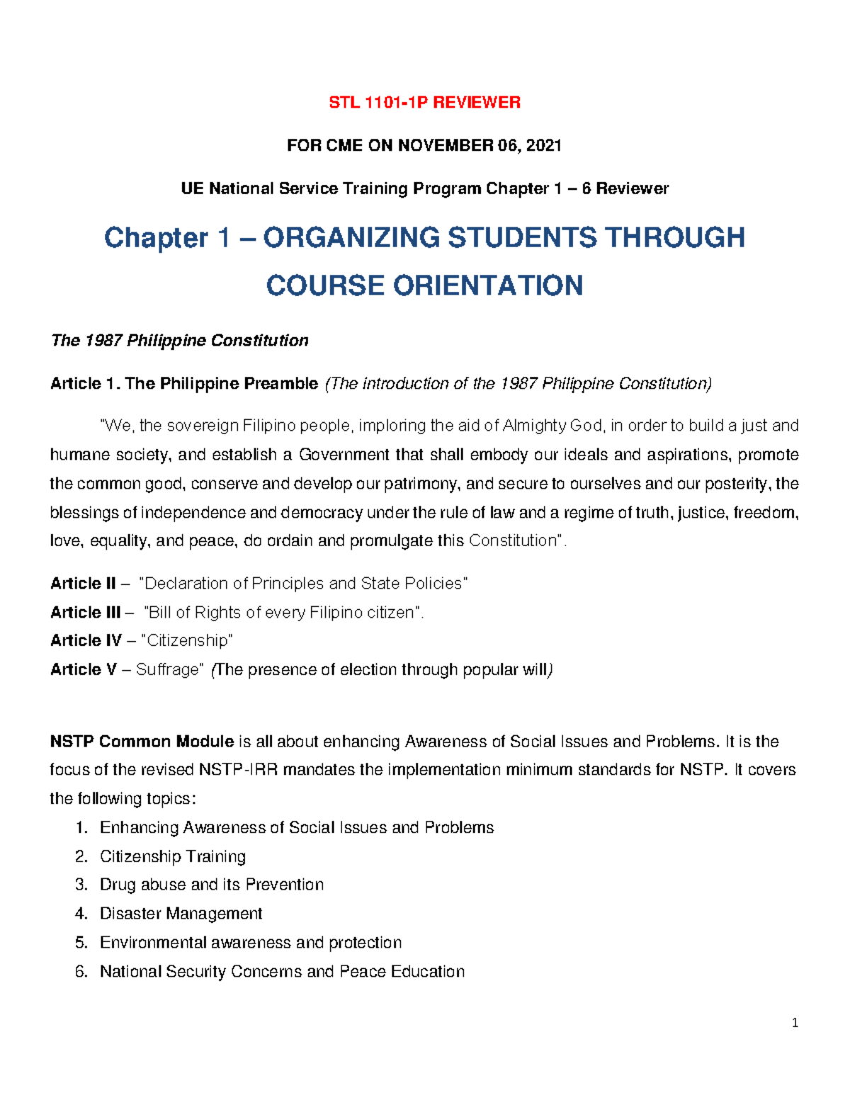 NSTP1 Common Module Exam Reviewer - STL 1101-1P REVIEWER FOR CME ON ...