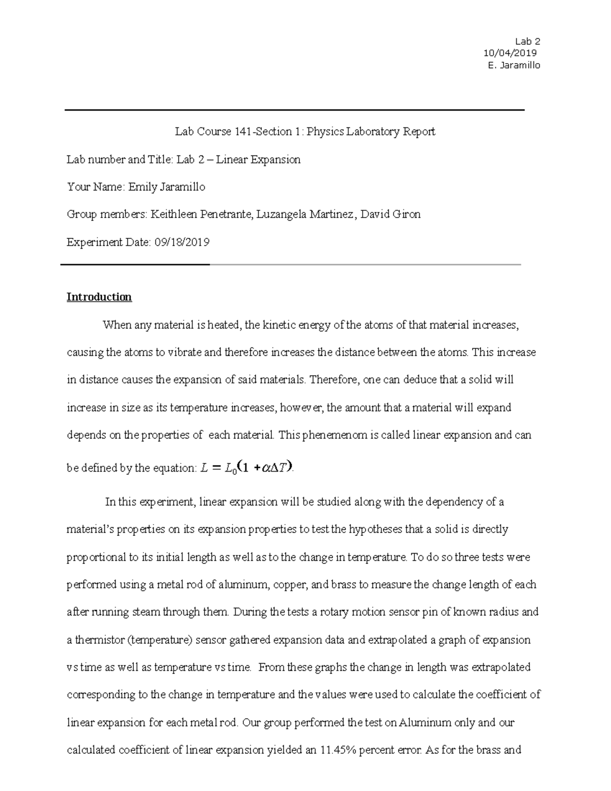 Phys II - Exp 6 - Linear Expansion - E. Jaramillo Lab Course 141 ...