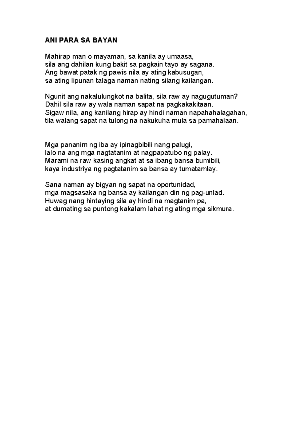 ANI PARA SA BAYAN - ANI PARA SA BAYAN Mahirap man o mayaman, sa kanila ...