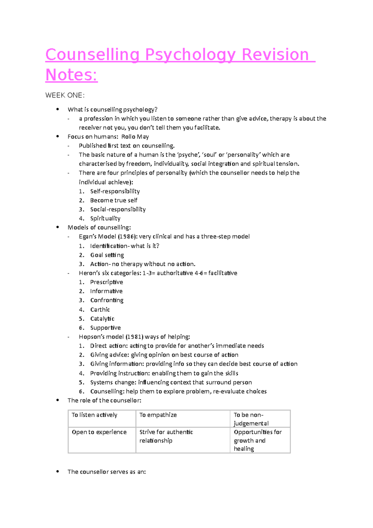 Counselling Psych - Counselling Psychology Revision Notes: WEEK ONE ...
