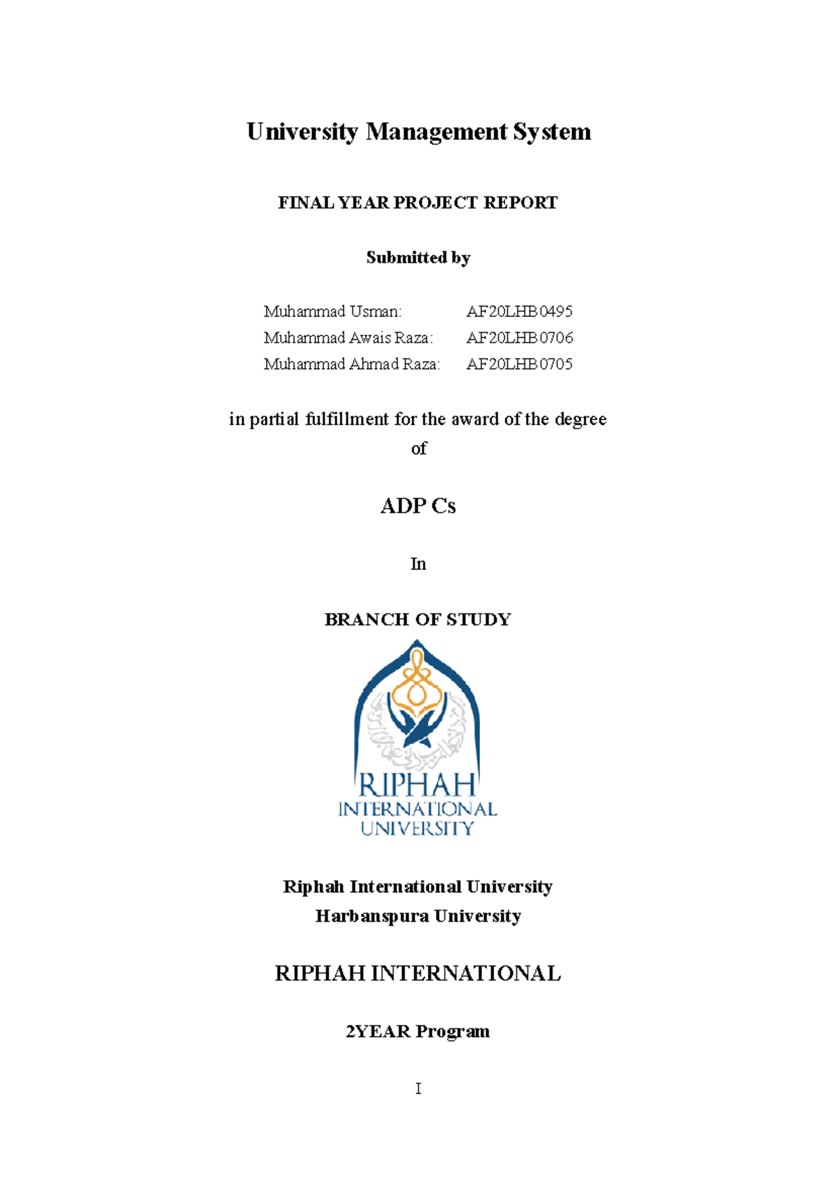 Documentation fyp 2022 - 1 University Management System Abstract FINAL YEAR PROJECT REPORT ...