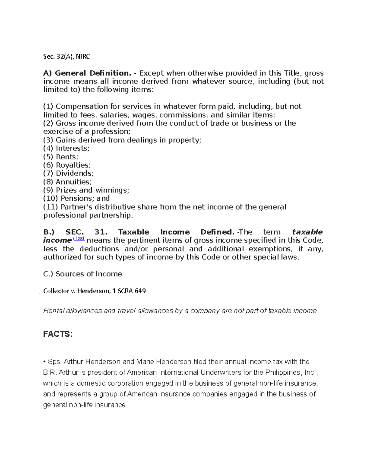 Tax Handout 2 - Sec. 32(A), NIRC A) General Definition. - Except when ...