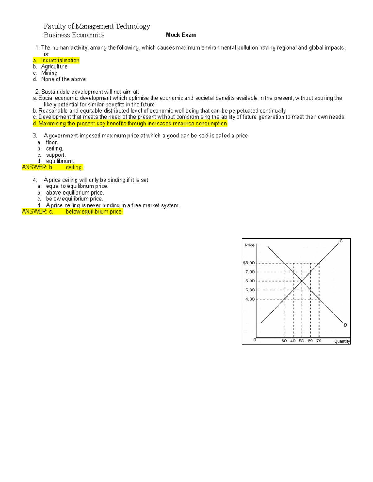 Business Economics Mock Exam Model answer - Faculty of Management ...