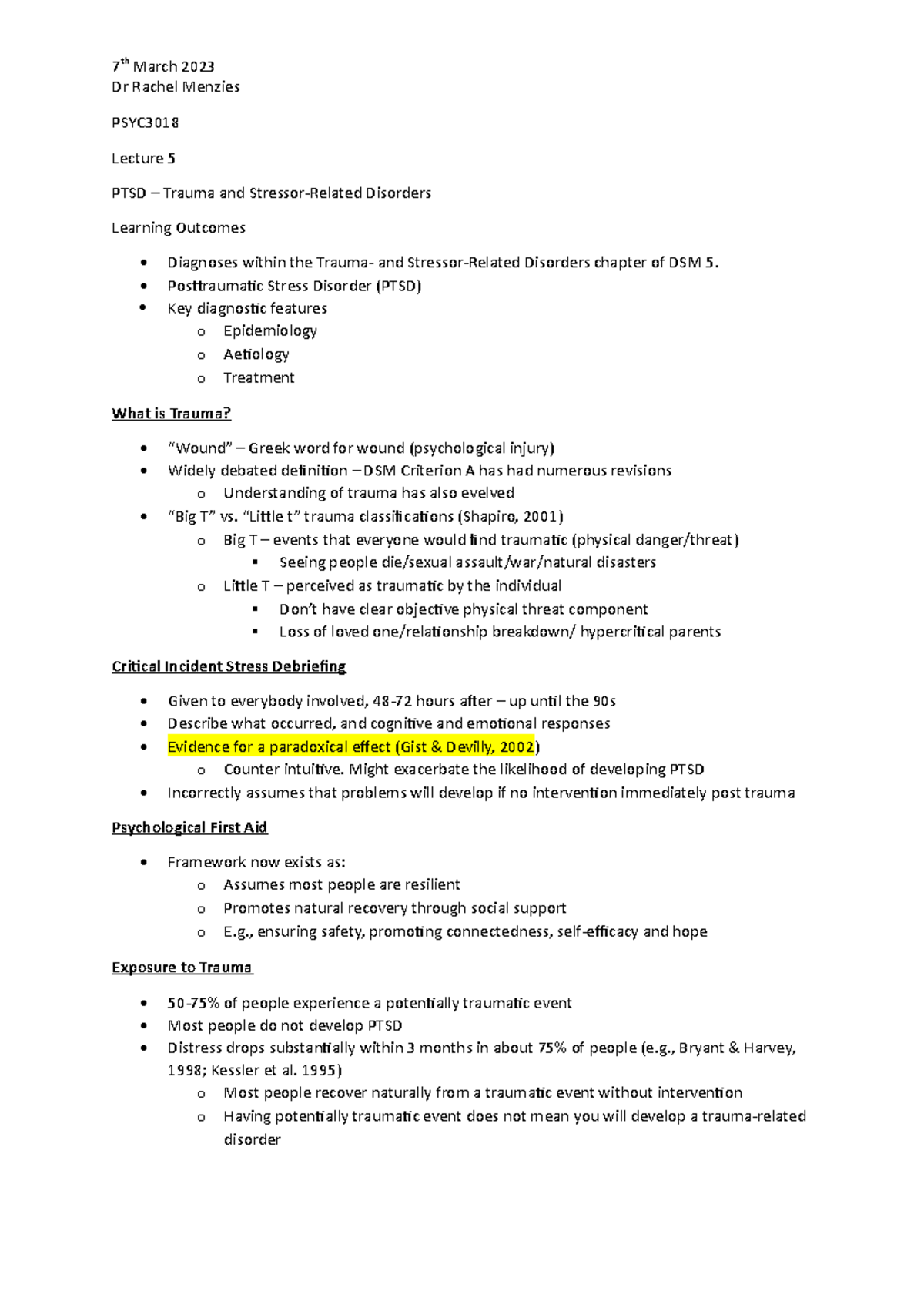 PSYC3018 Lecture 05 PTSD - Dr Rachel Menzies PSYC Lecture 5 PTSD – Trauma and Stressor-Related ...