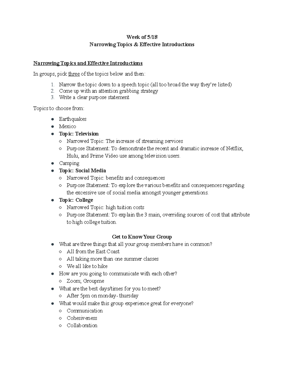 Narrowing Topics & Effective Introductions - Week of 5/ Narrowing ...
