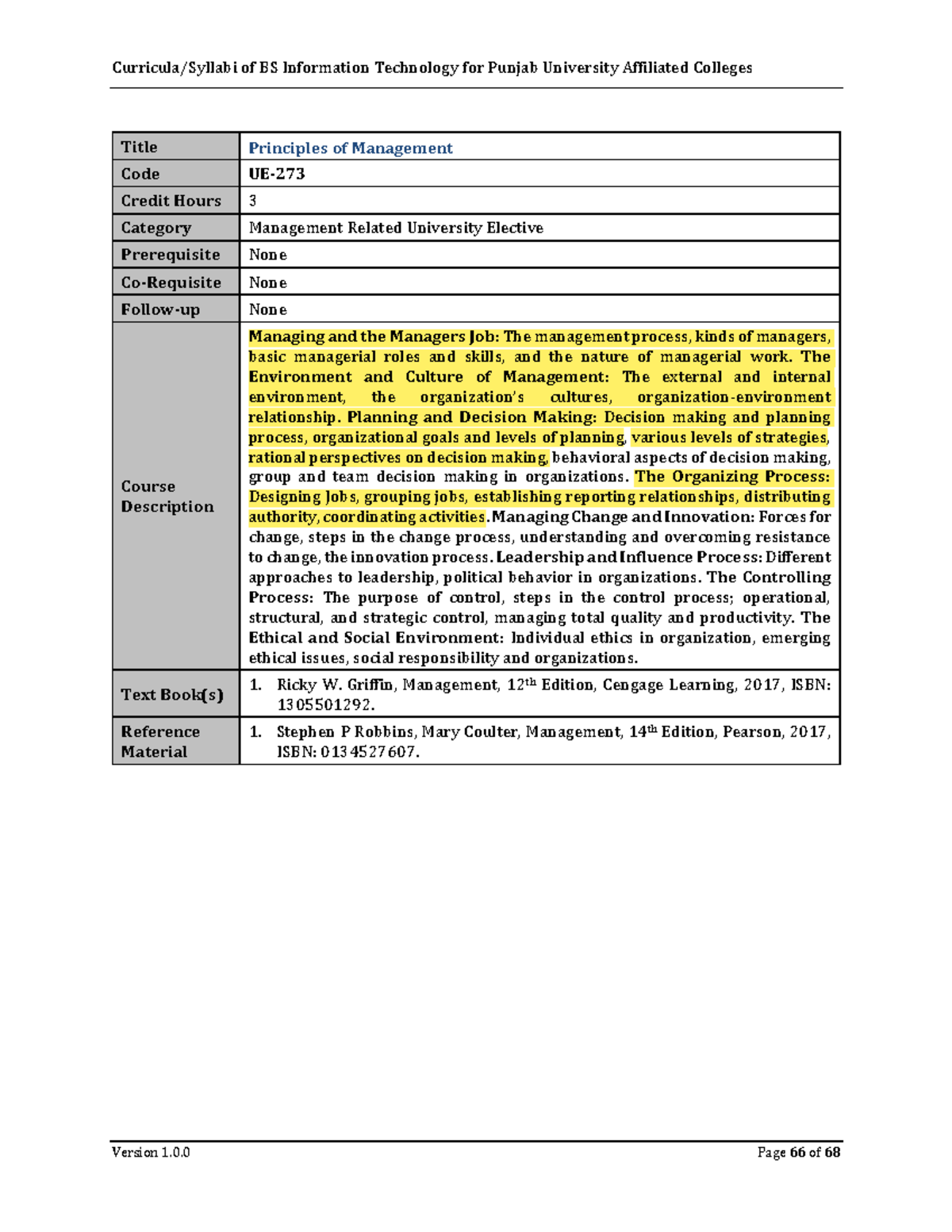 UE272 Outline for managemnt - Curricula/Syllabi of BS Information Technology for Punjab ...