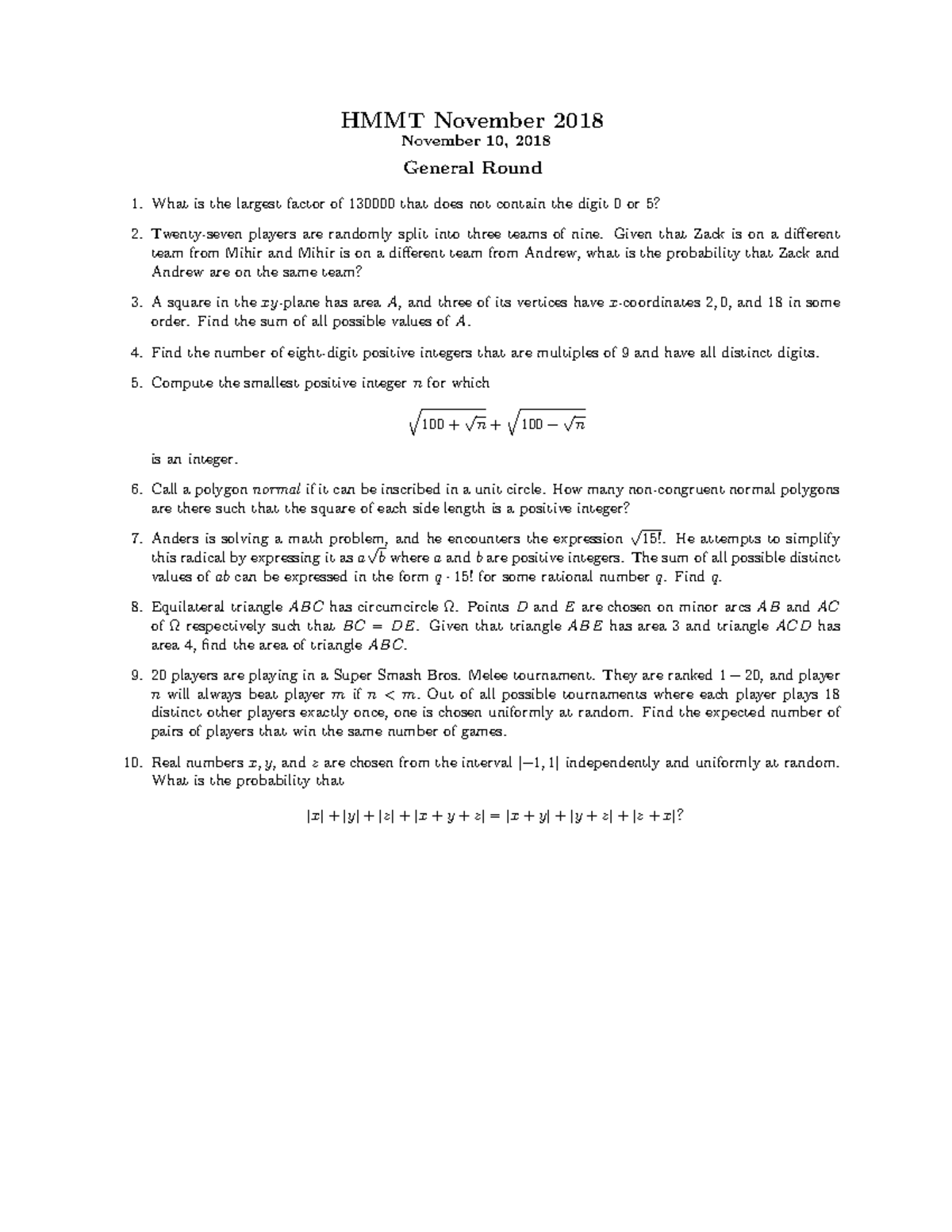 Problems Of Prmo - HMMT November 2018 November 10, 2018 General Round ...