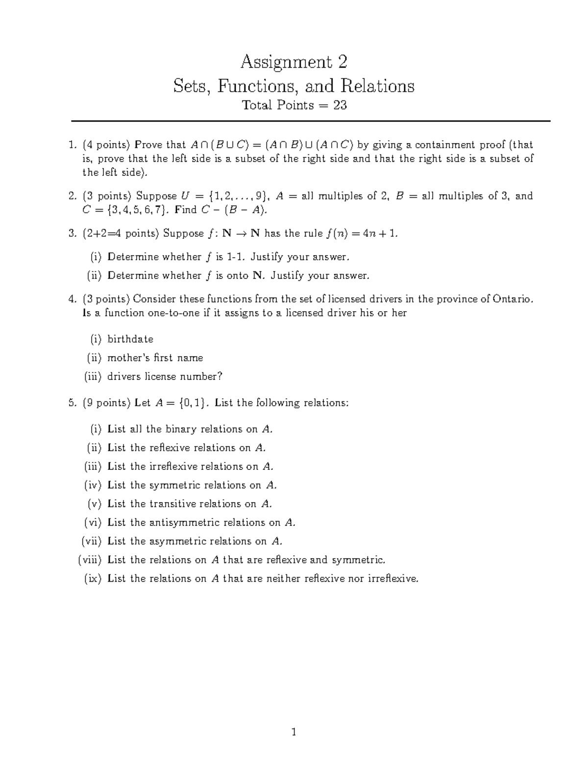 Assignment 2 - (3 points) Suppose U = { 1 , 2 ,... , 9 }, A = all ...