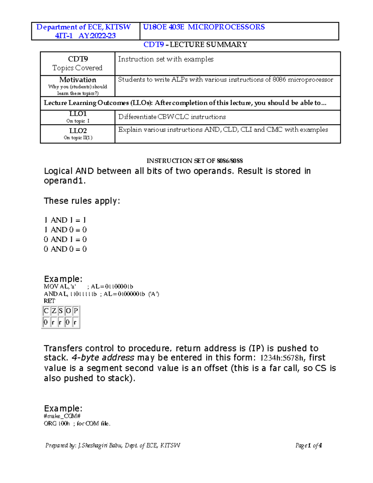 MP CDT9 Unit1 4IT1 JSB - Microprocessors unit topic discussions - 4IT-1 AY:2022- CDT9 - LECTURE ...