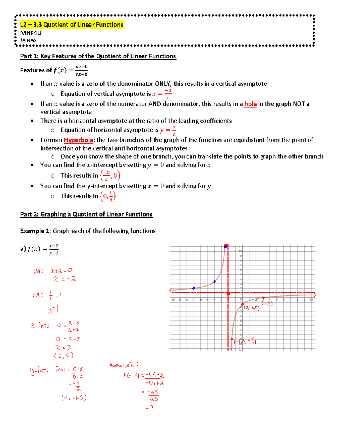 UNIT 2 - quotient+of+linear+functions-KEY. - L2 – 3 Quotient of Linear ...