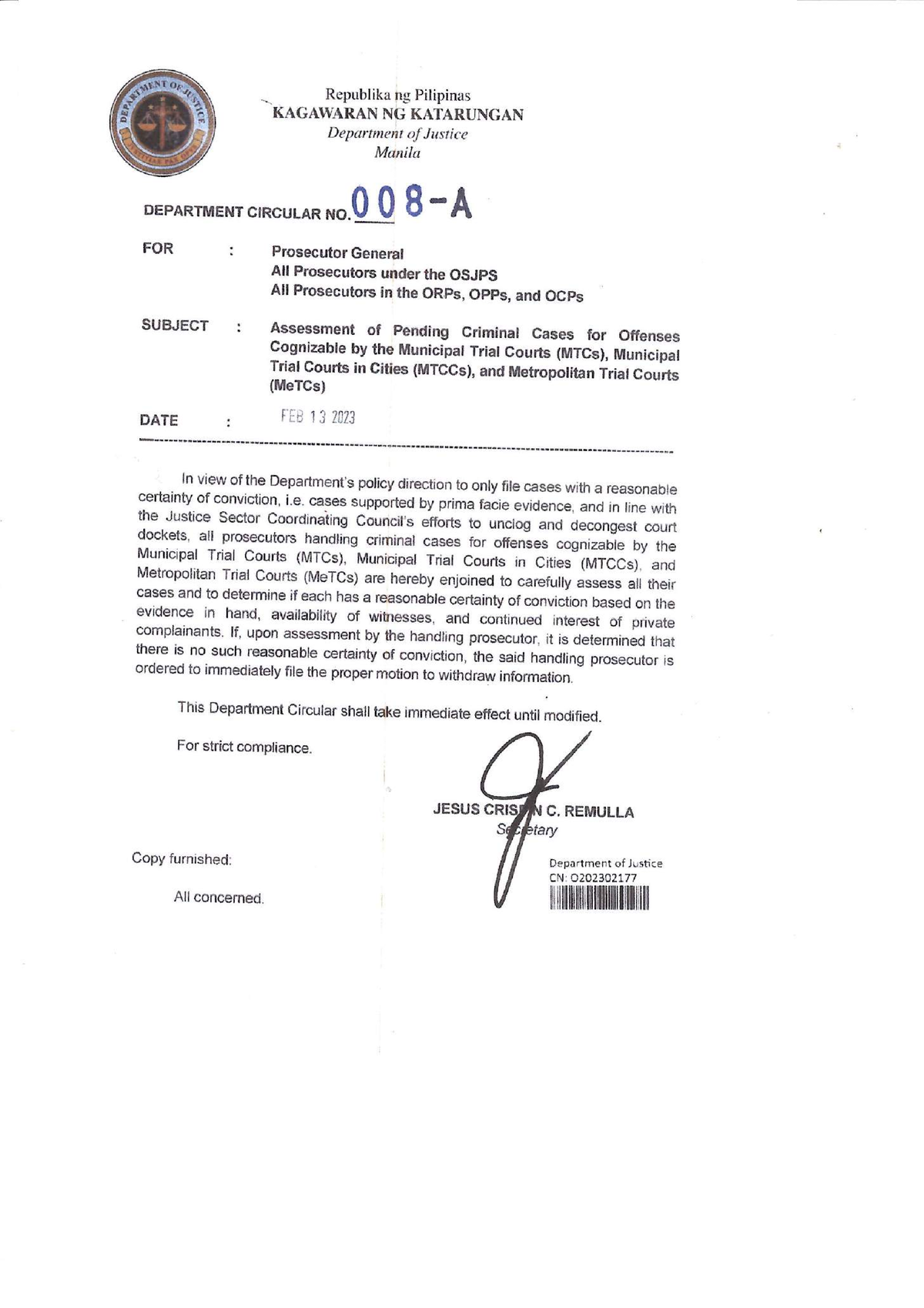 Department Circular 008-A Asessment-of-Pending-Criminal-Cases ...