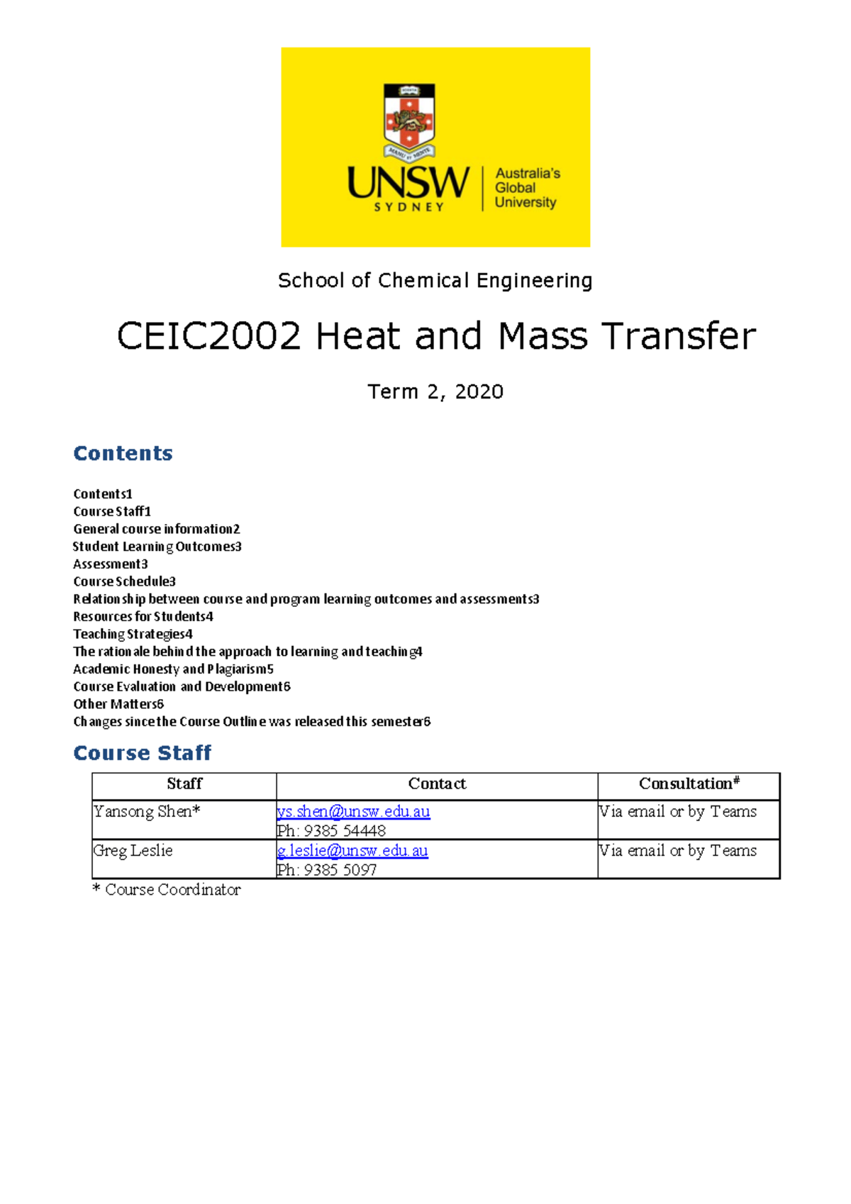 Heat and Mass Transfer Course Outline 2020 - School of Chemical ...