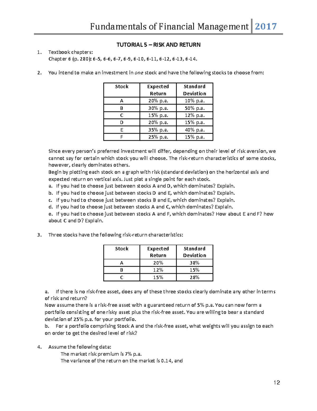 Tutorial risk and return - Fundamental of finance management - Studocu