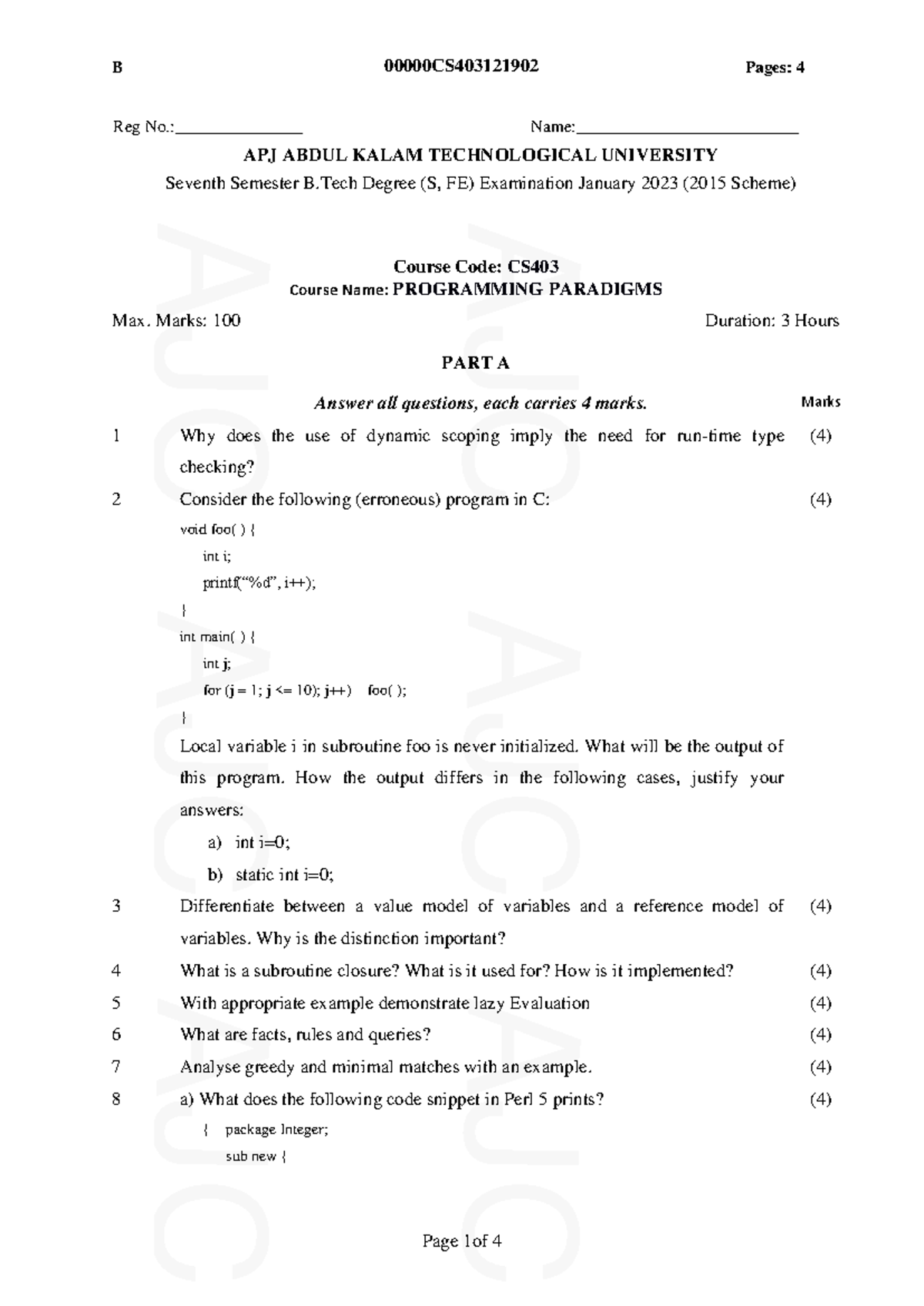 2023 Jan. CS403-J - 00000CS4031219 02 Course Code: CS Course Name: PROGRAMMING PARADIGMS Max ...