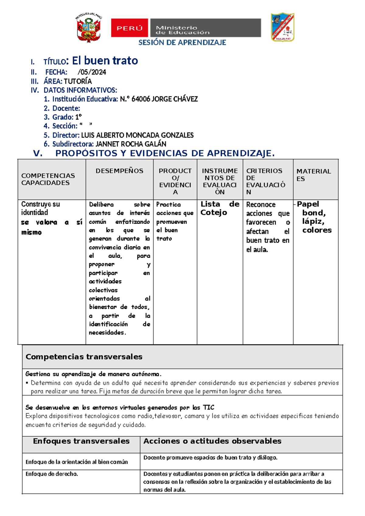 Sesion Tutoria EL BUEN Trato - SESIÓN DE APRENDIZAJE I. TÍTULO: El buen trato II. FECHA: /05 ...