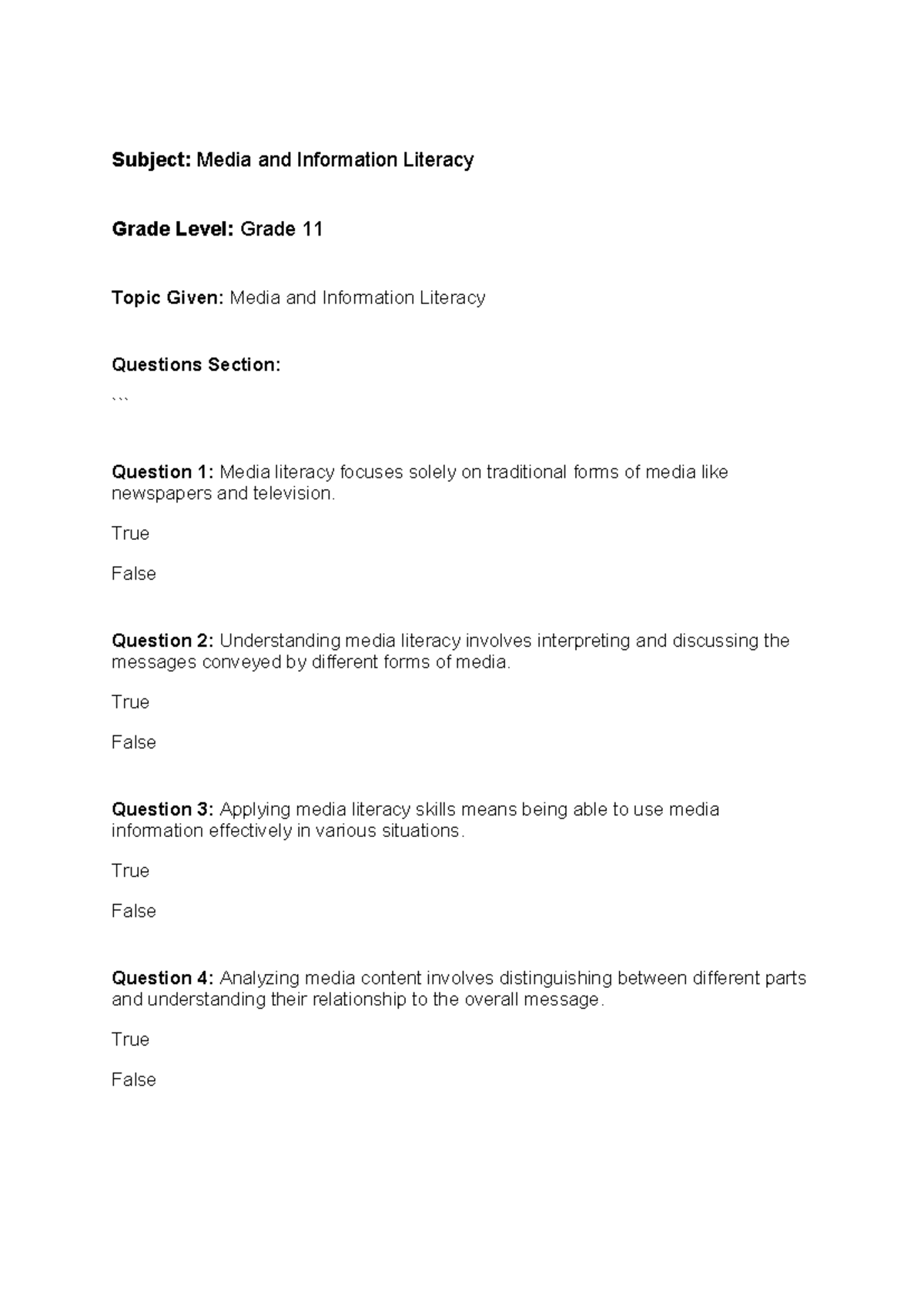 Quiz Media and Information literacy - Subject: Media and Information ...