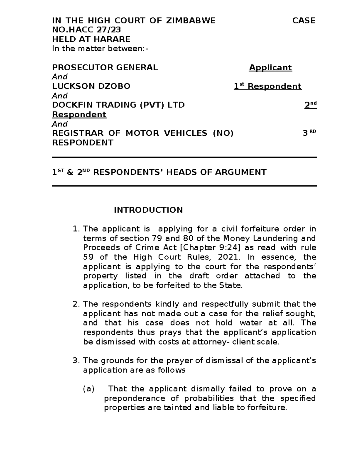 Luckson Dzobo Heads of Argument (Civil Forfeiture) - IN THE HIGH COURT ...
