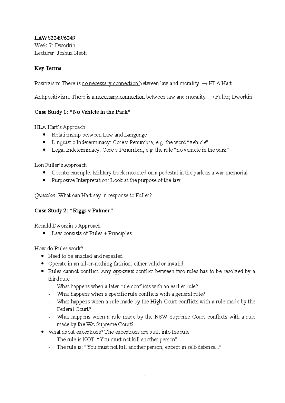 Week 7 LT Handout - lecture notes from lecturer - LAWS2249/ Week 7 ...