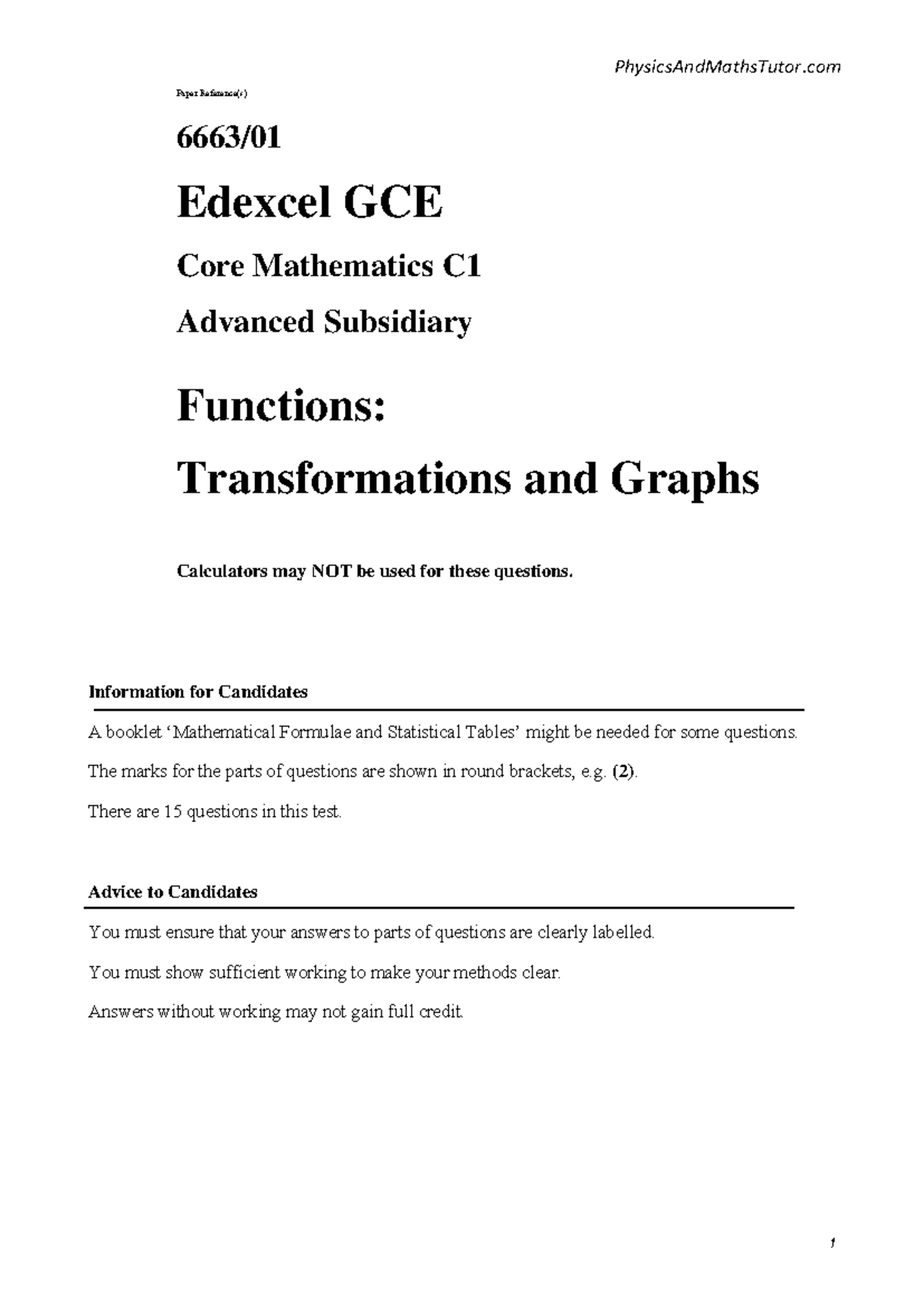 C1 Functions - Transformation and graphs - 1 Paper Reference(s) 6663 ...