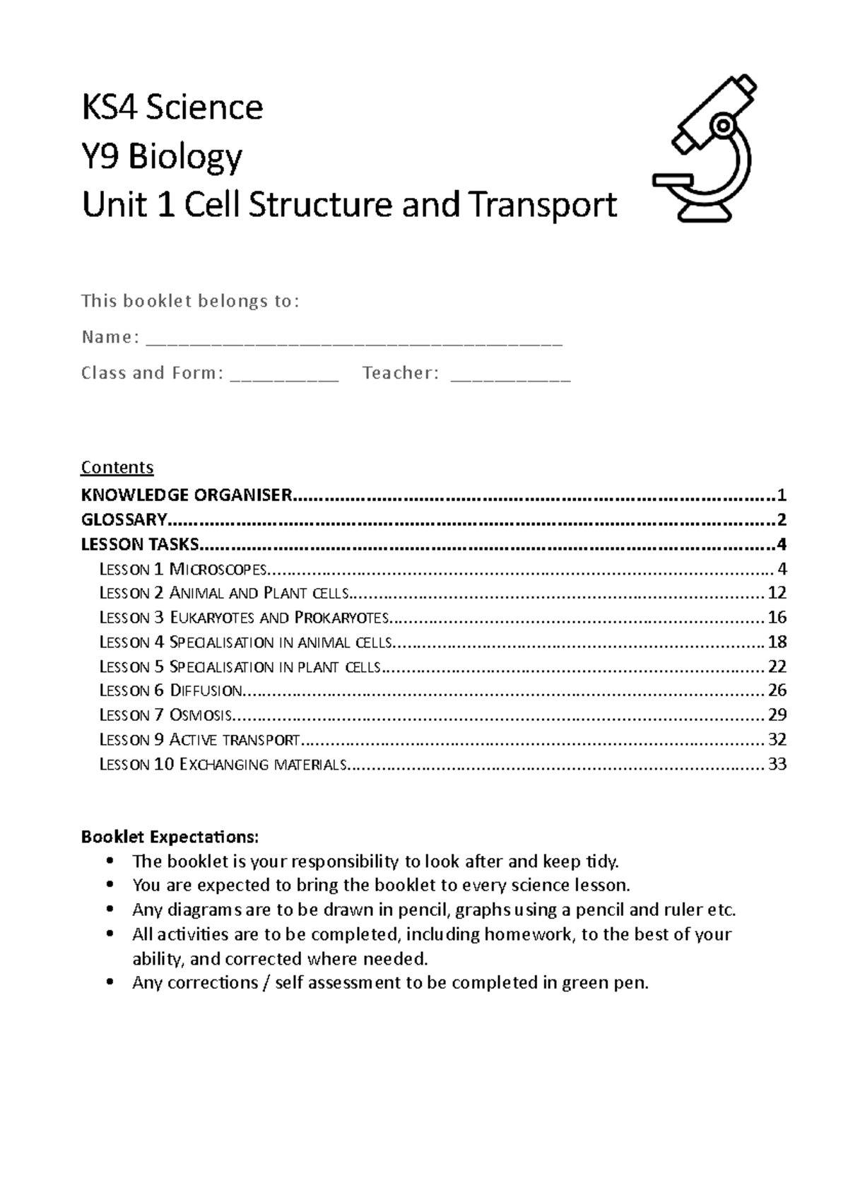 Unit 1 Cell structure - Topic Booklet GFs USE THIS - KS4 Science Y9 ...