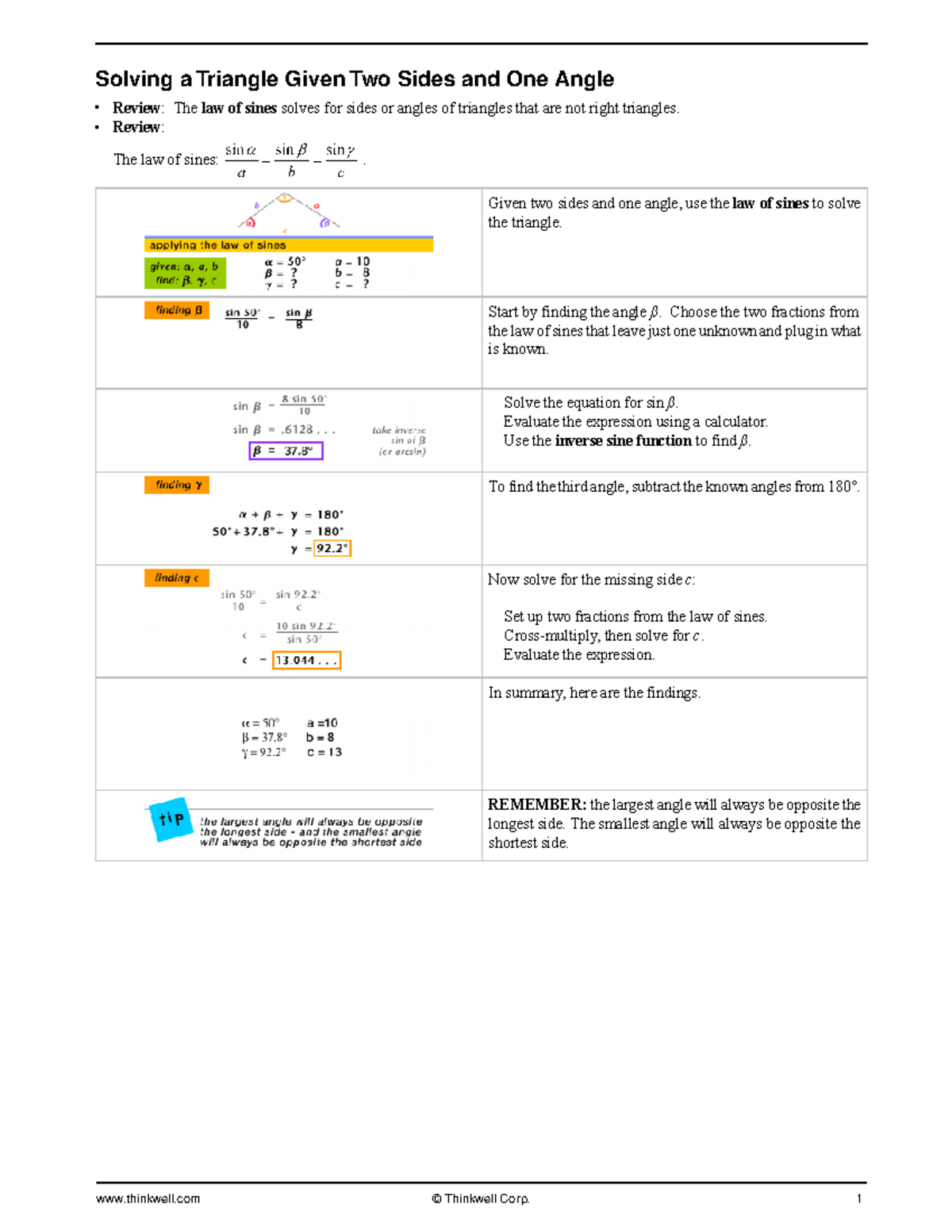 Red Assign 8 - Solving a Triangle Given Two Sides and One Angle Review ...