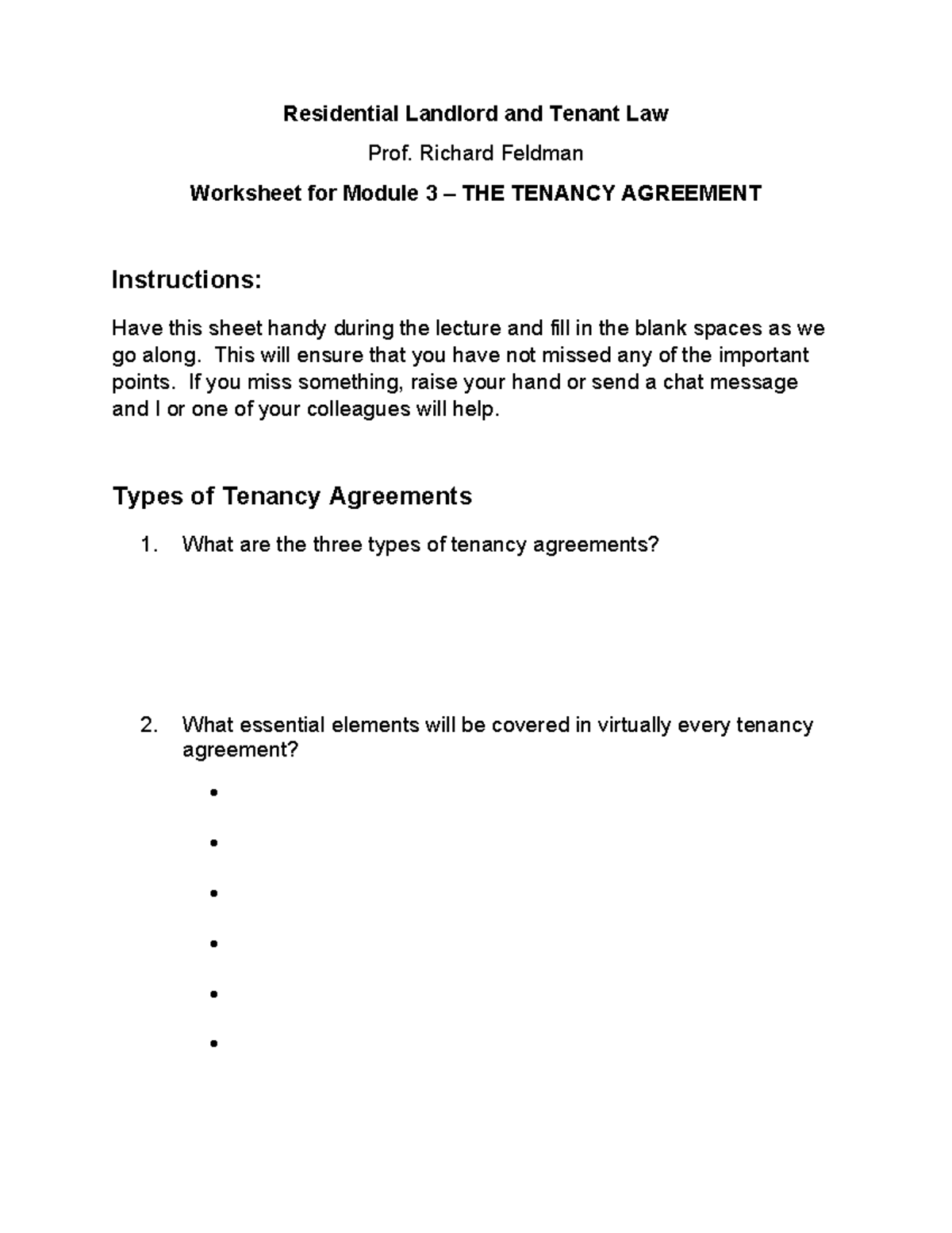 Module 3 Worksheet - Residential Landlord and Tenant Law Prof. Richard ...