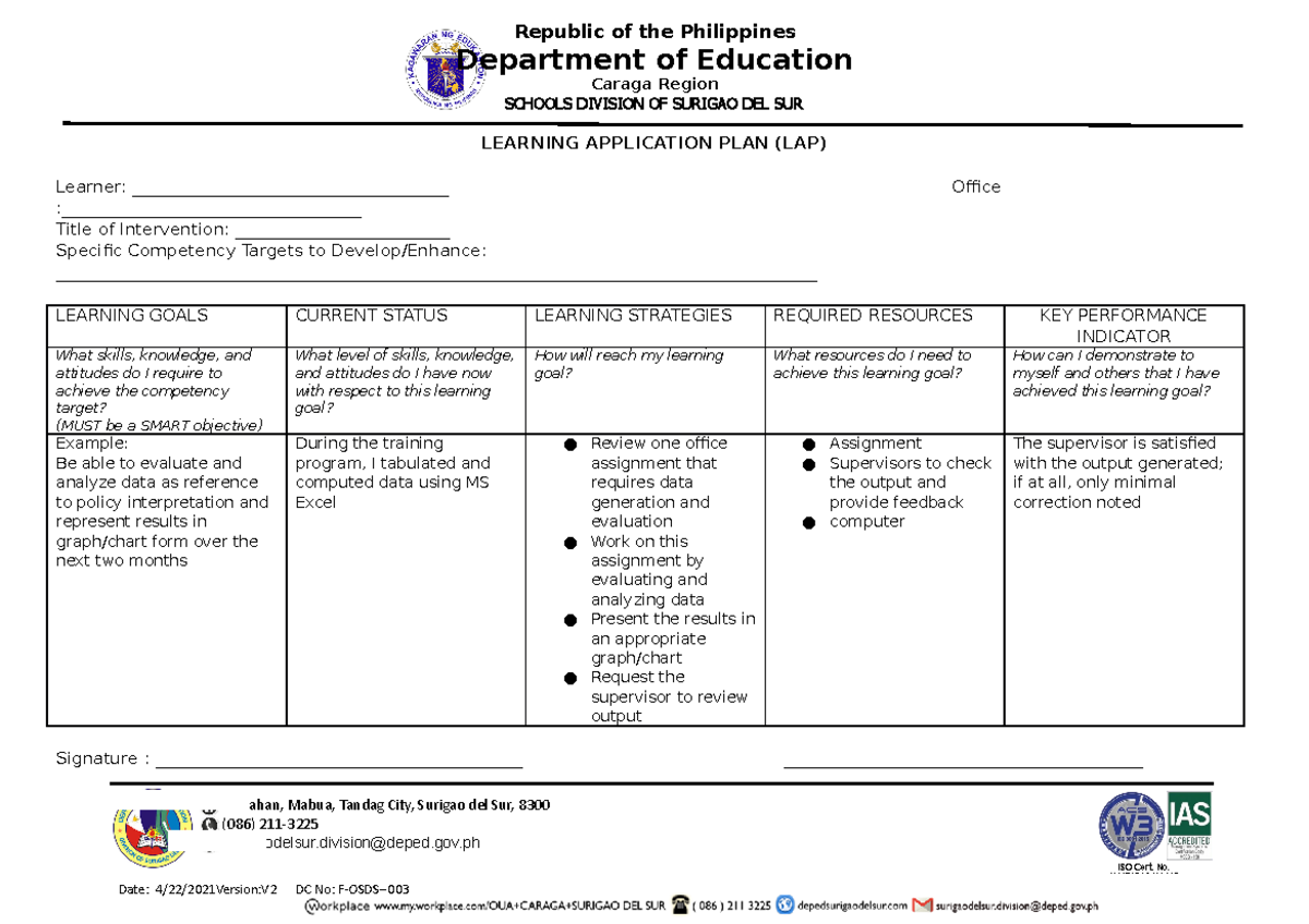 LAP Template - sample - AW/PH909100102ISO Cert. No. Balilahan, Mabua ...