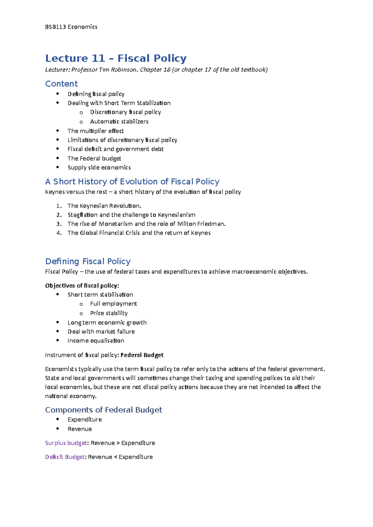Week/Lecture 11 - Lecture 11 – Fiscal Policy Lecturer: Professor Tim ...