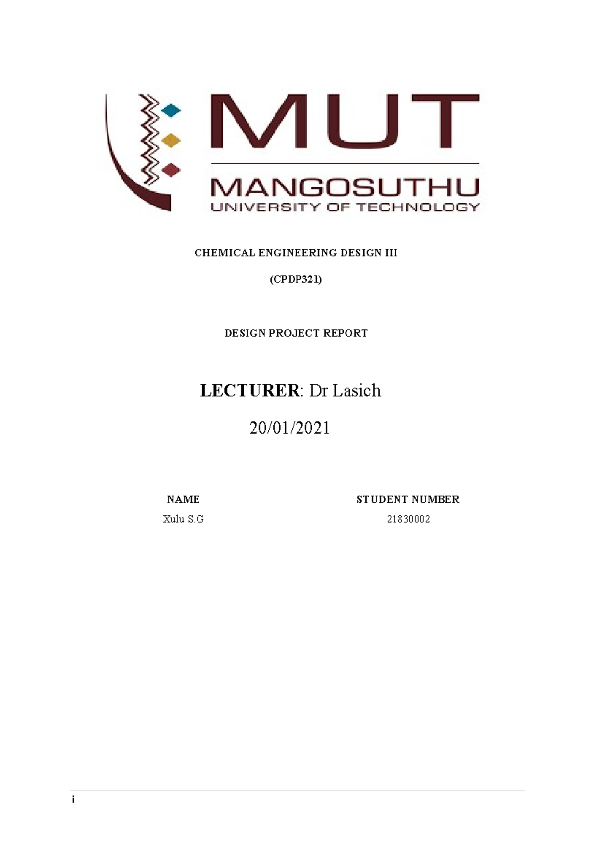 2183002 (Report) - CHEMICAL ENGINEERING DESIGN III (CPDP321) DESIGN ...