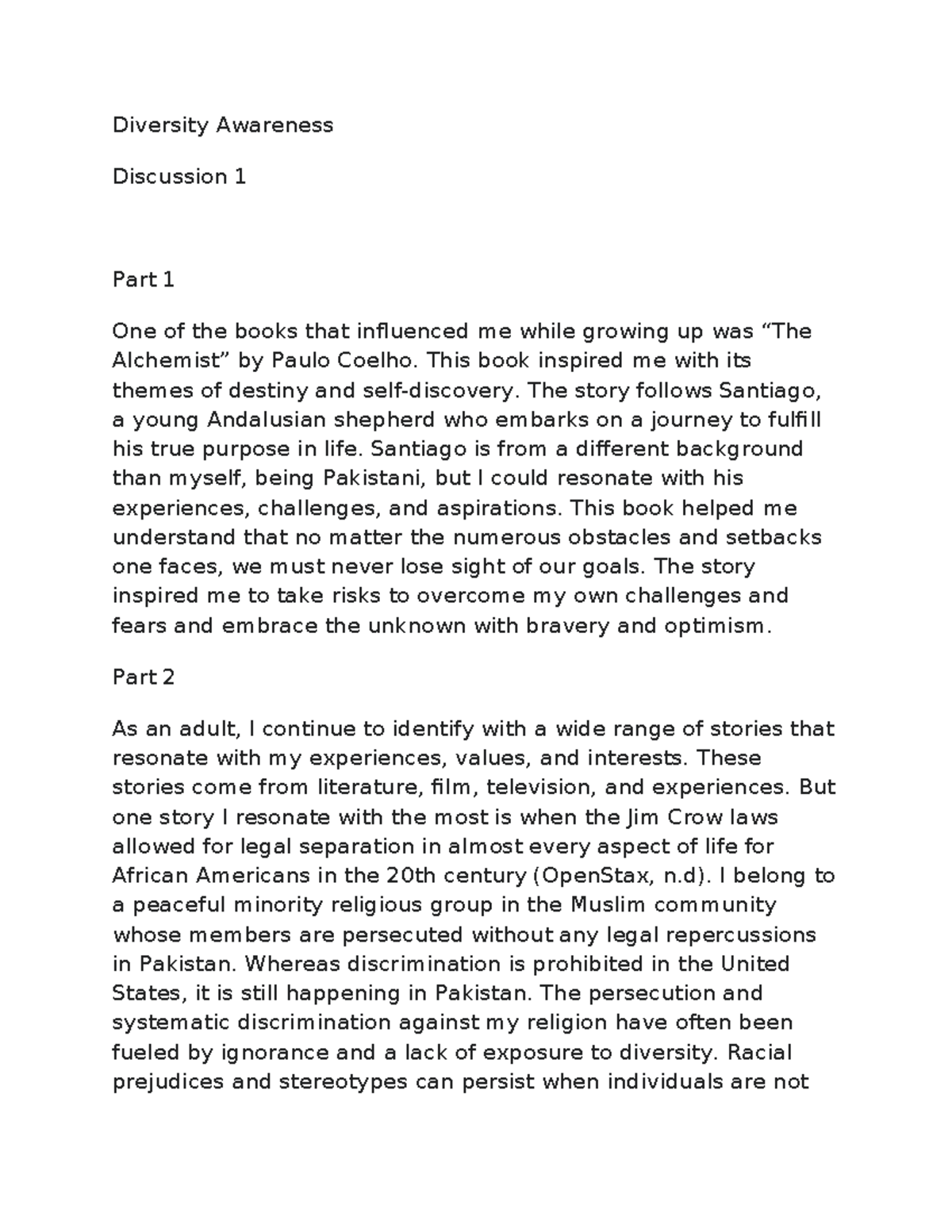 Diversity Awareness-Disc1 - Diversity Awareness Discussion 1 Part 1 One ...