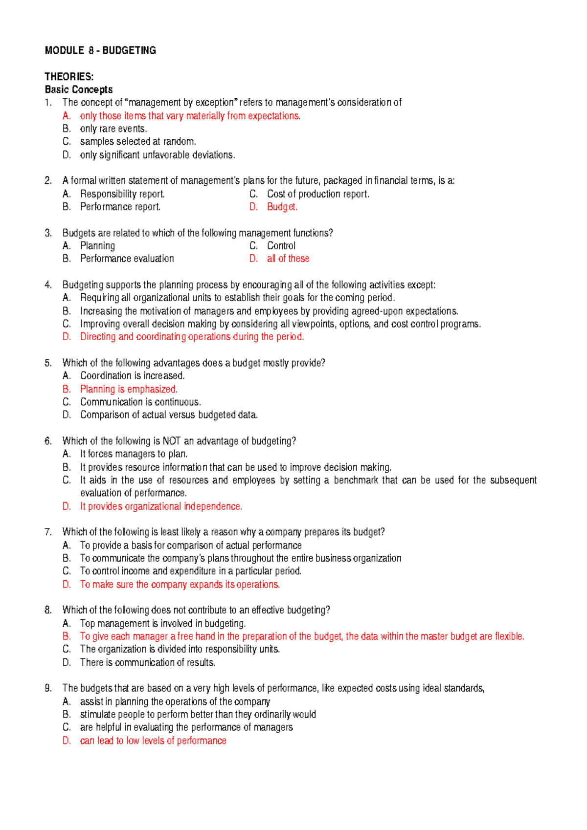 Budgeting exercises - REVIEWER - MODULE 8 - BUDGETING THEORIES: Basic ...
