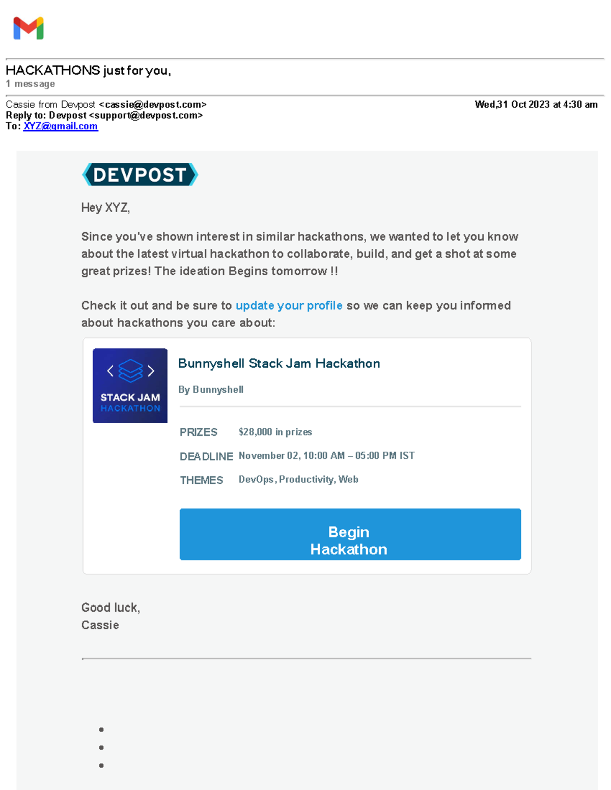 DL 53 - HACKATHONS just for you, 1 message Cassie from Devpost Wed,31 Oct - Studocu