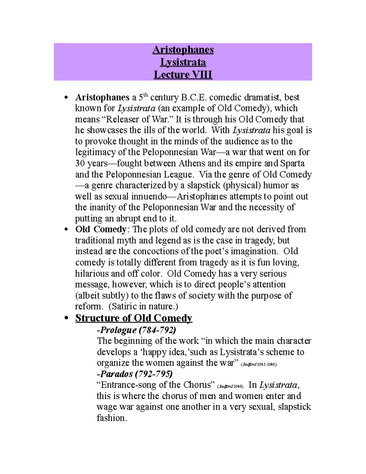 Lecture VIII Lysistrata-1 - Aristophanes Lysistrata Lecture VIII ...