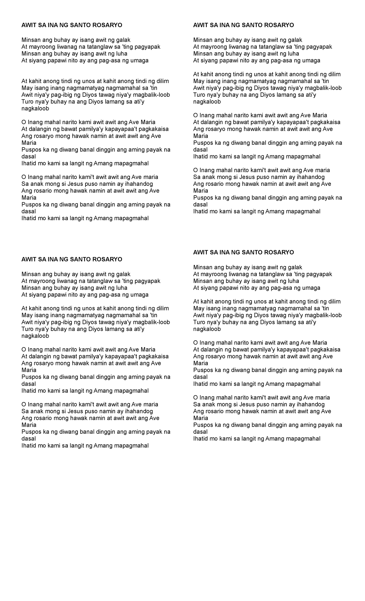 AWIT SA INA NG Santo Rosaryo - AWIT SA INA NG SANTO ROSARYO Minsan ang ...