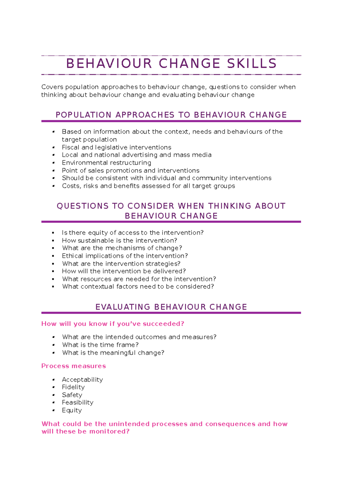 Behaviour Change Skills 2 - B E H AV I O U R C H A N G E S K I L L S Covers population ...