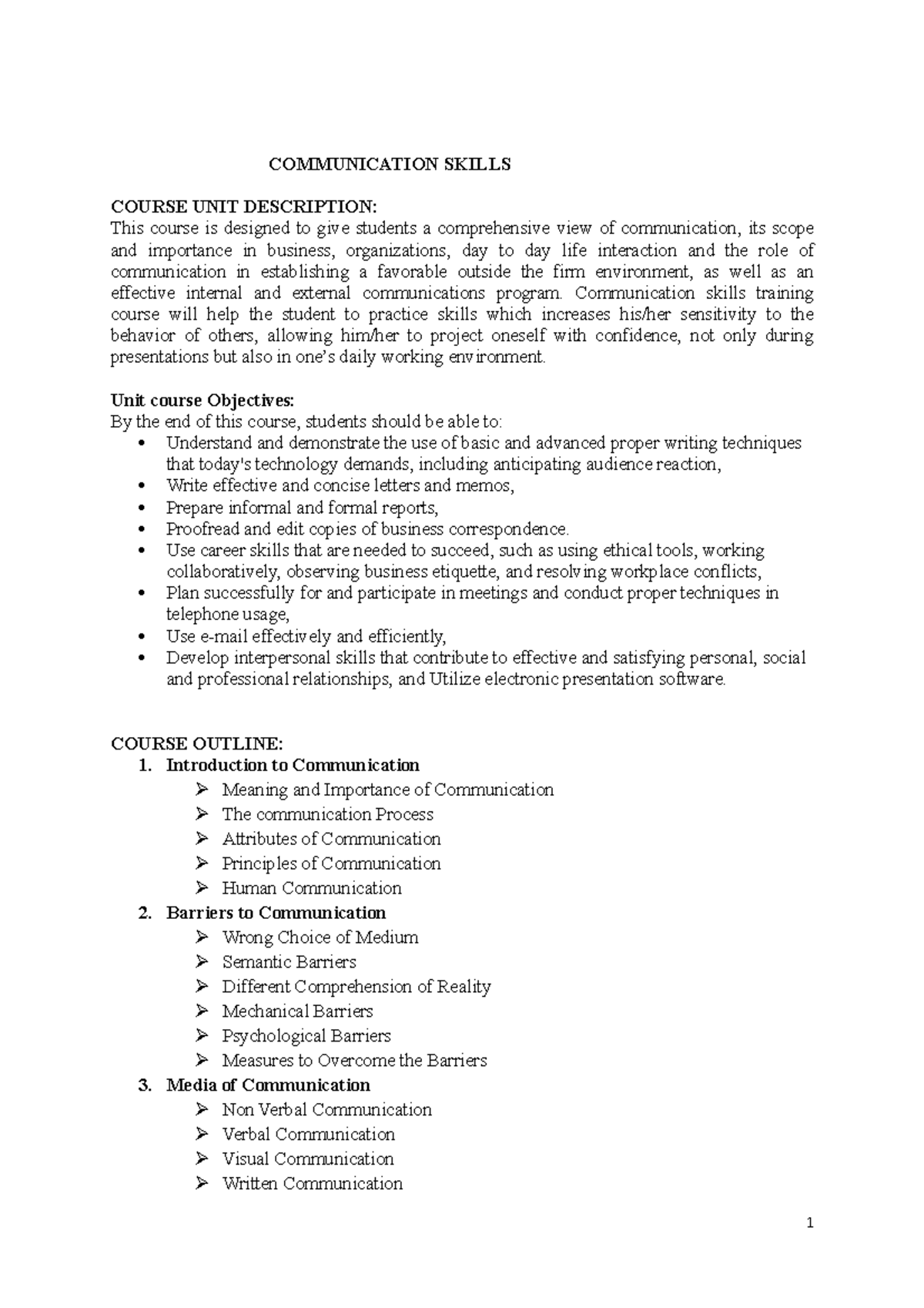 Communication Skills Notes ALL - COMMUNICATION SKILLS COURSE UNIT ...