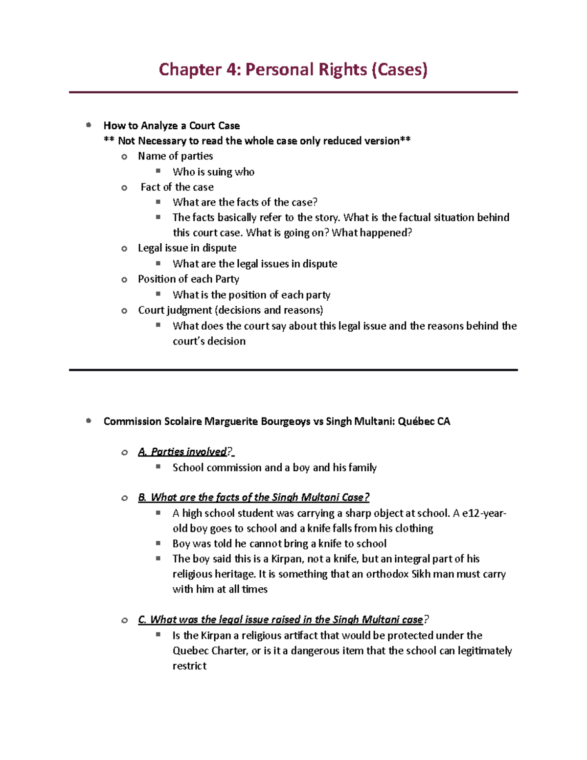 Lecture 4 - Comm315 - Notes - Chapter 4: Personal Rights (Cases) How to ...