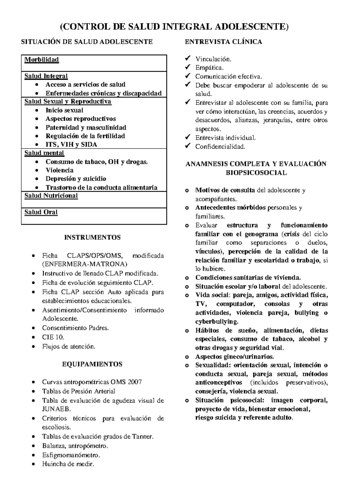 Ficha CLAP - (CONTROL DE SALUD INTEGRAL ADOLESCENTE) SITUACIÓN DE SALUD ADOLESCENTE Morbilidad ...