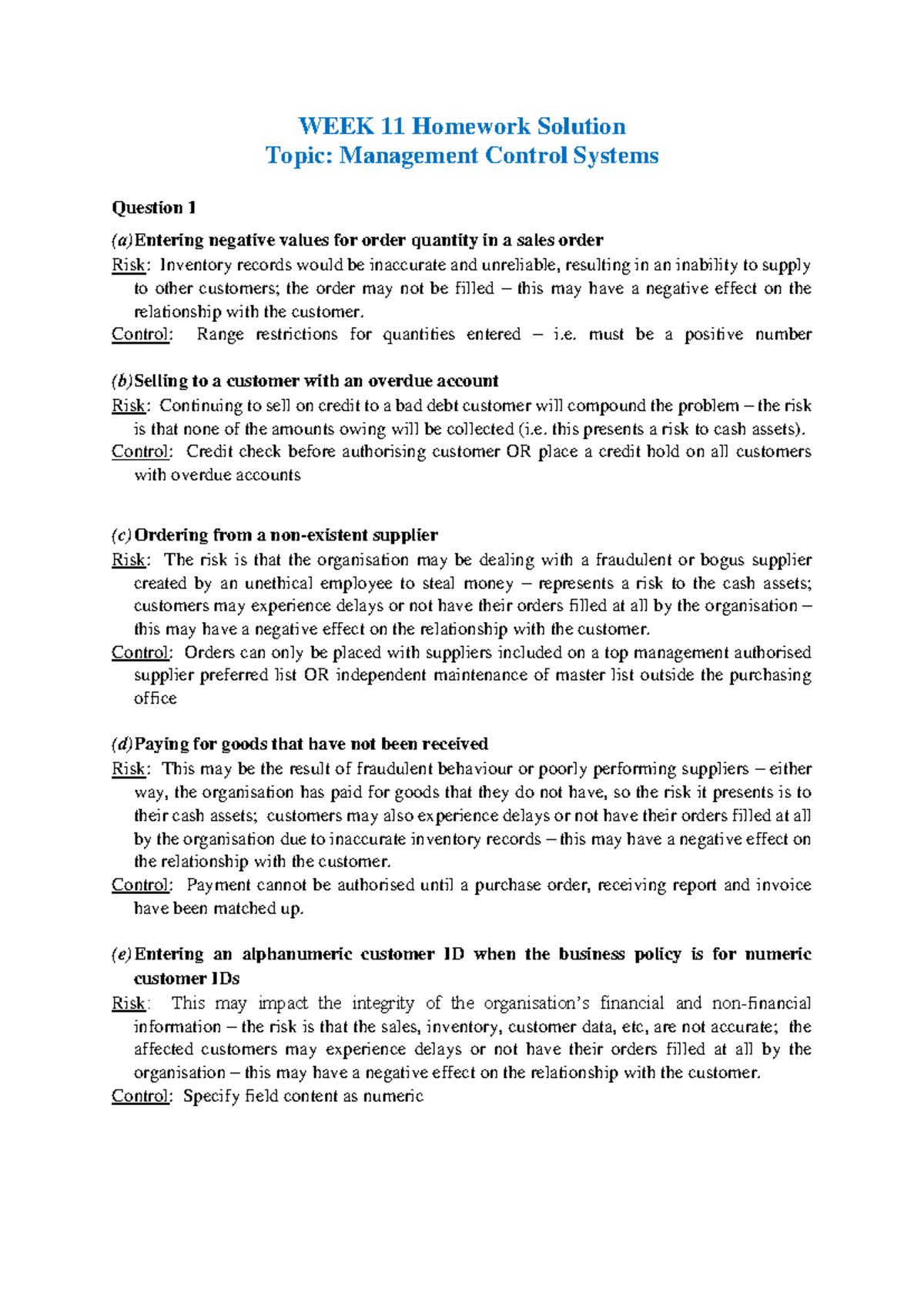 Week 11 Homework Solution - WEEK 1 1 Homework Solution Topic: Management Control Systems ...