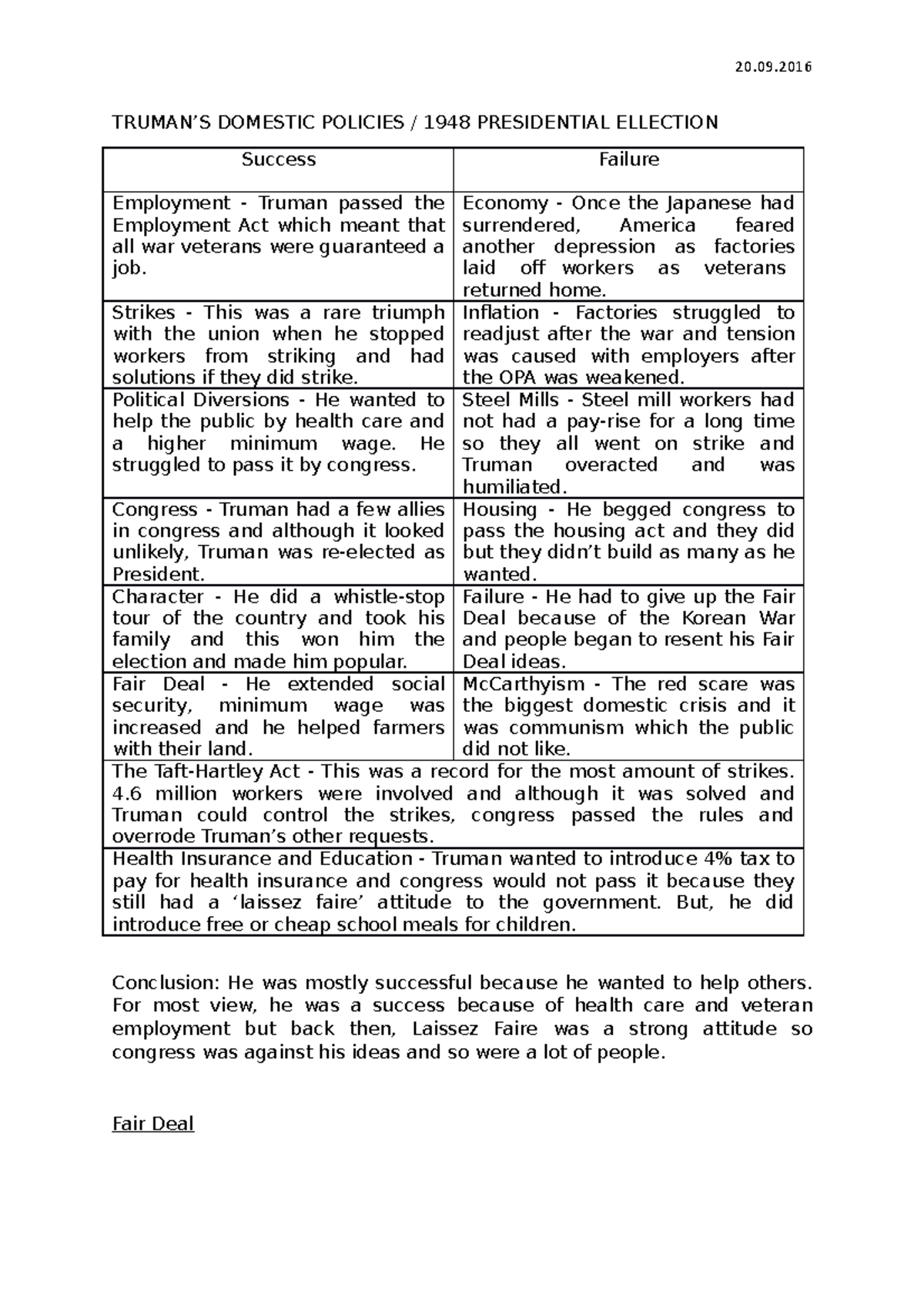 H 20 - Lesson work for American Dream lessons - TRUMAN’S DOMESTIC ...