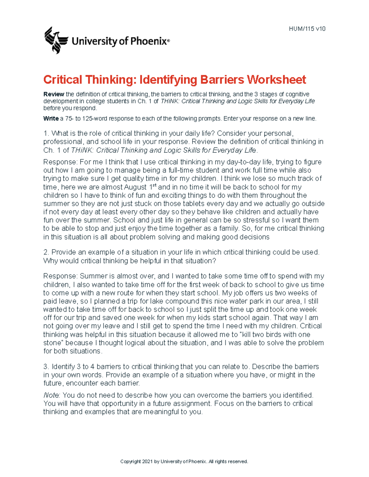 Hum115 v10 wk1 critical thinking identifying barriers worksheet - HUM ...