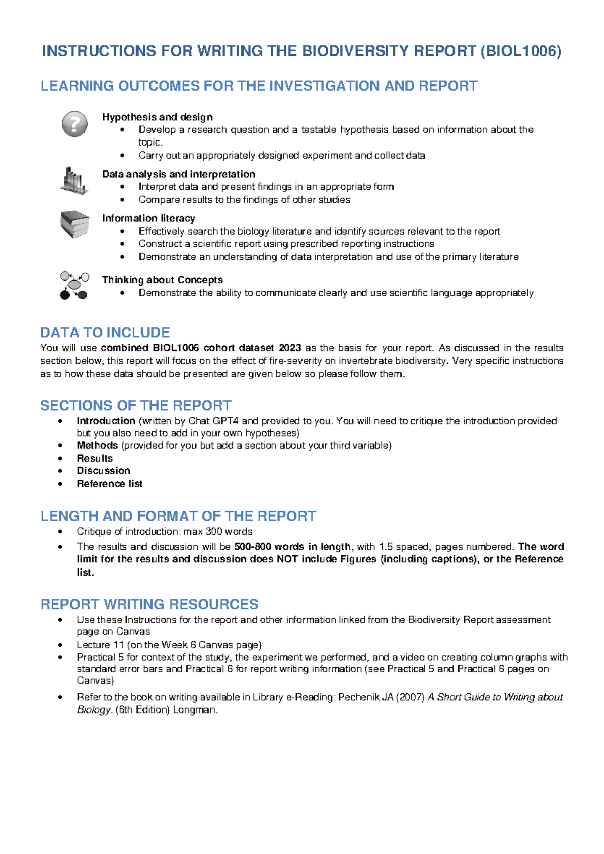 Instructions for Biodiversity Report BIOL1006 2023 3 - INSTRUCTIONS FOR ...