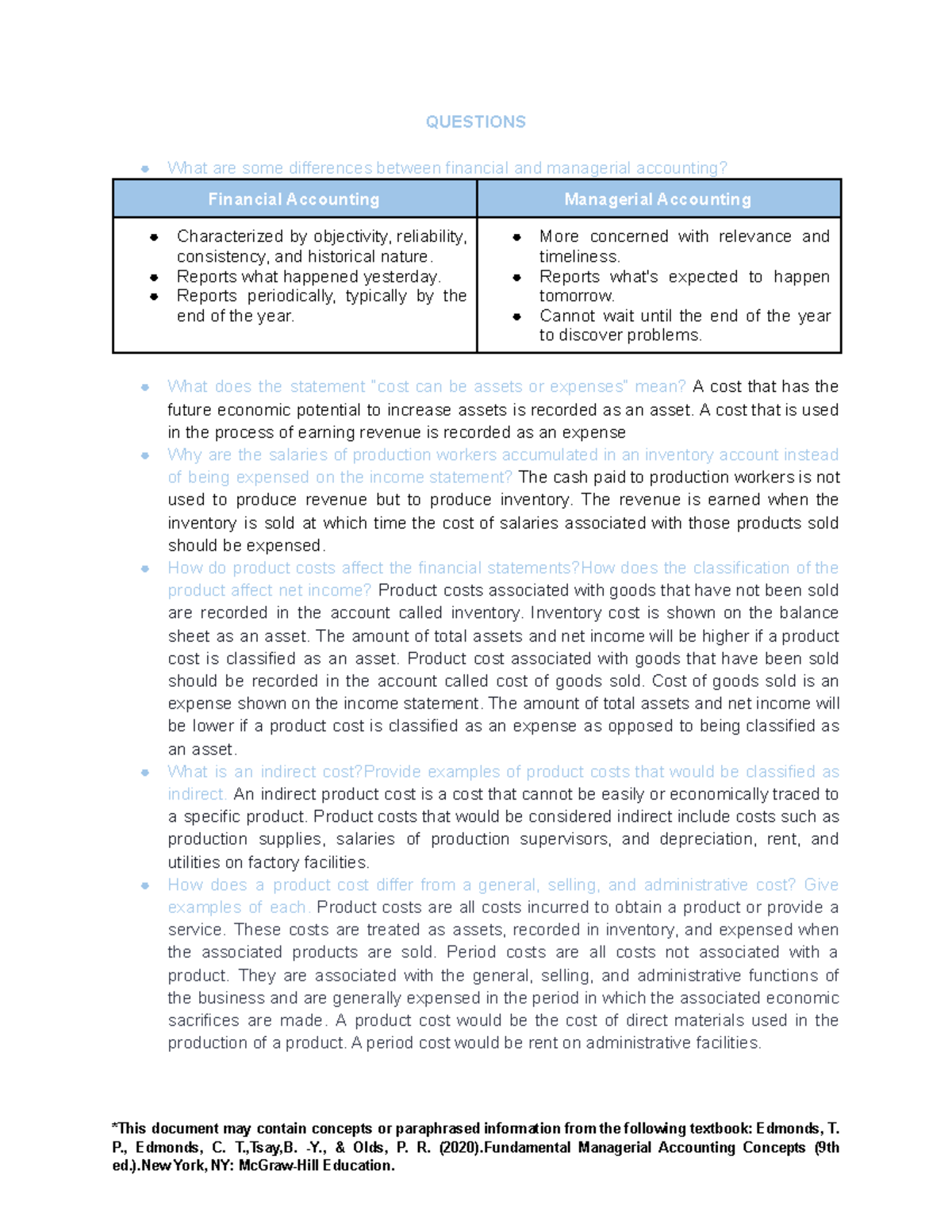 Principles of Managerial Accouning CH.1 Questions - QUESTIONS What are ...