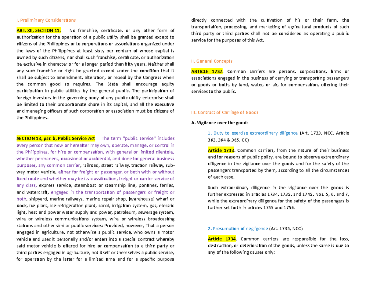 significant codal provisions transportation law PH - I. Preliminary ...