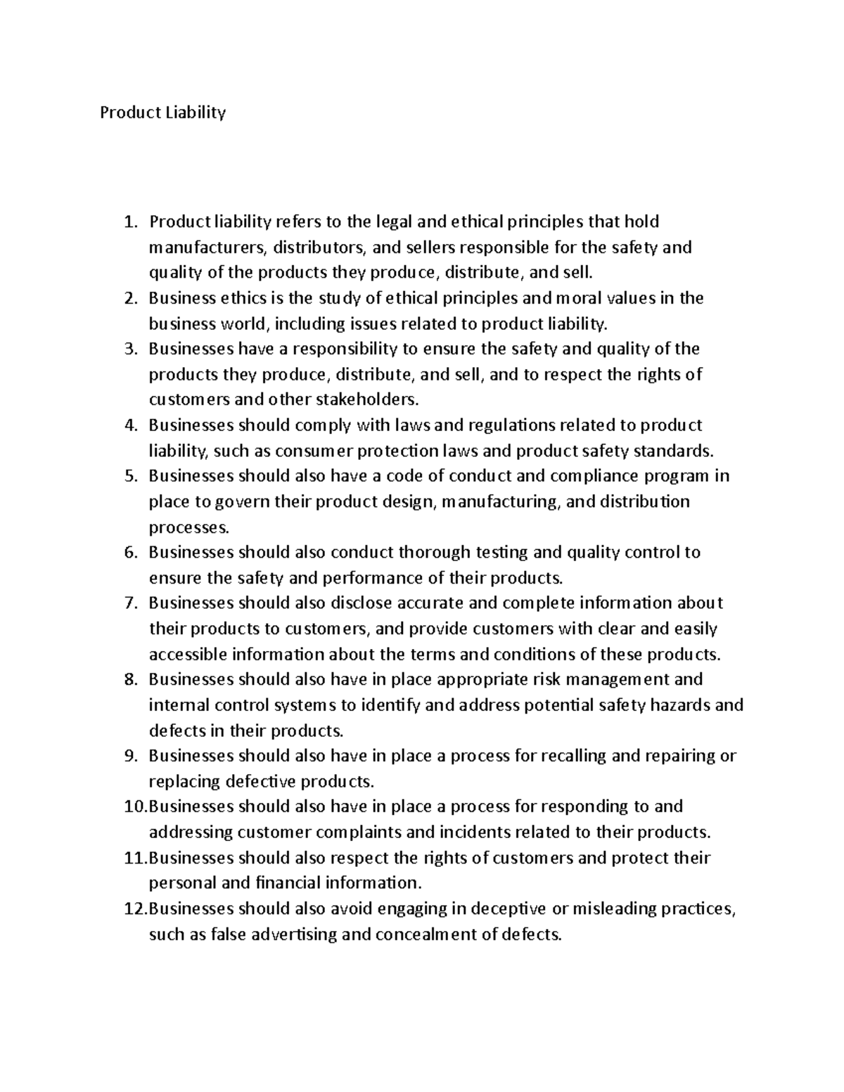 Product Liability notes - Product Liability Product liability refers to ...